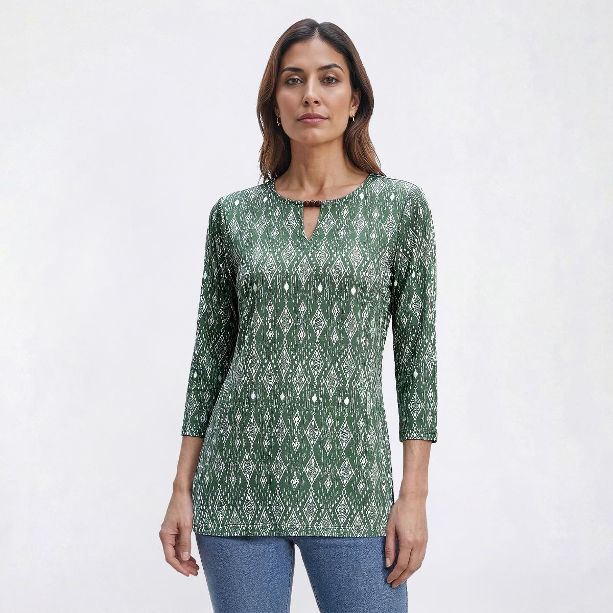 Click here for Petite Emily Daniels Ikat Beaded Keyhole Neck Blou... prices